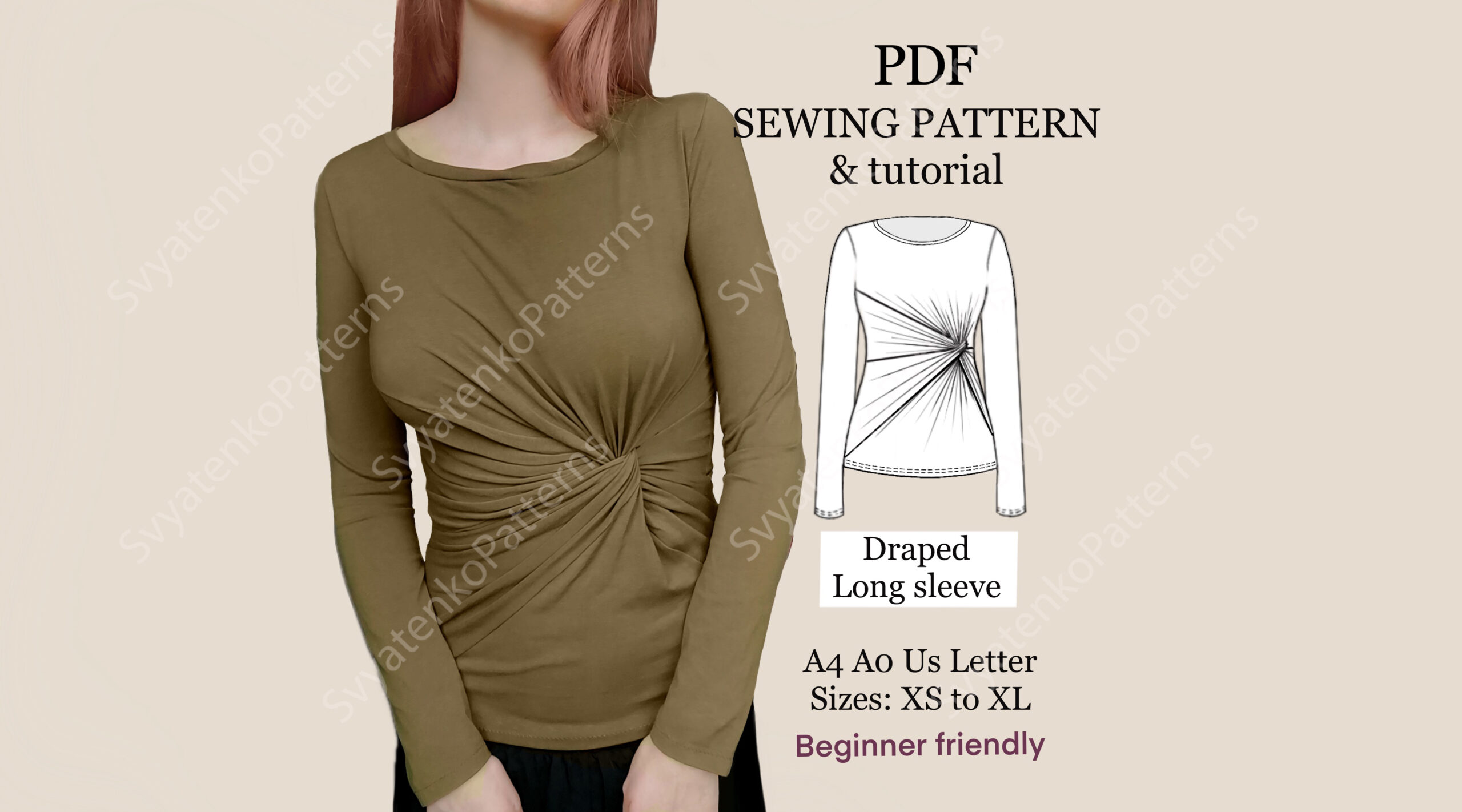 Women’s Long Sleeve T-Shirt with Draping | PDF Pattern | Jersey | 5 ...